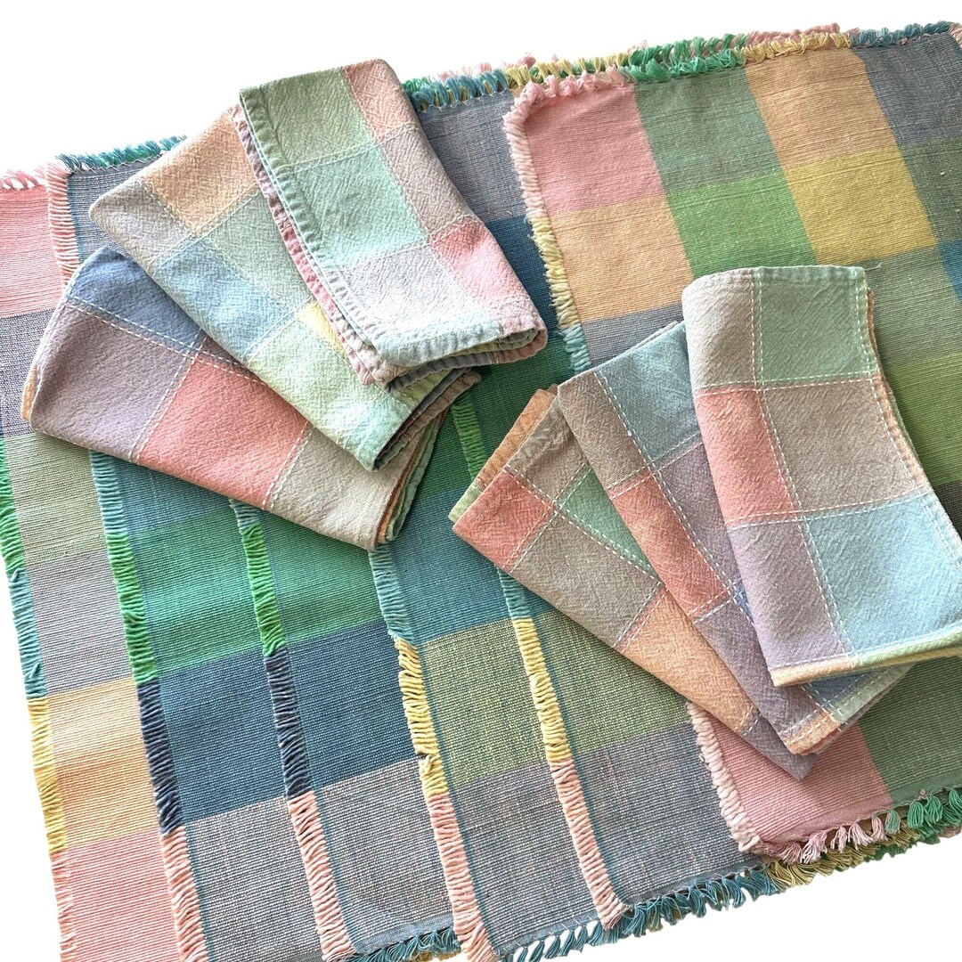 Pastel Plaid Woven Table Linens Set of 6 Placemats & 6 Napkins Cotton ...