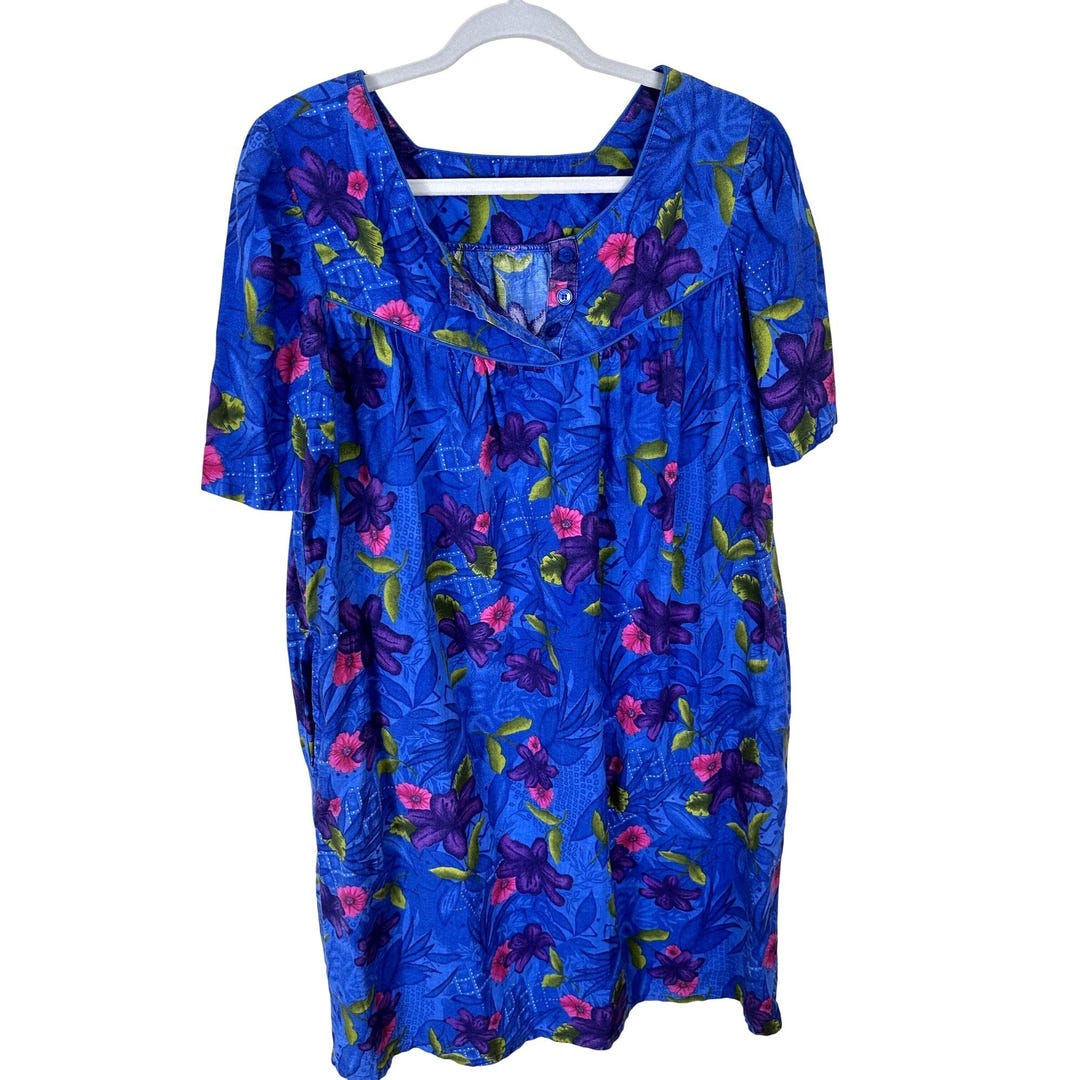 Vintage Womens Mumu Dress Blue & Purple Short Sleeves Pockets XL ...