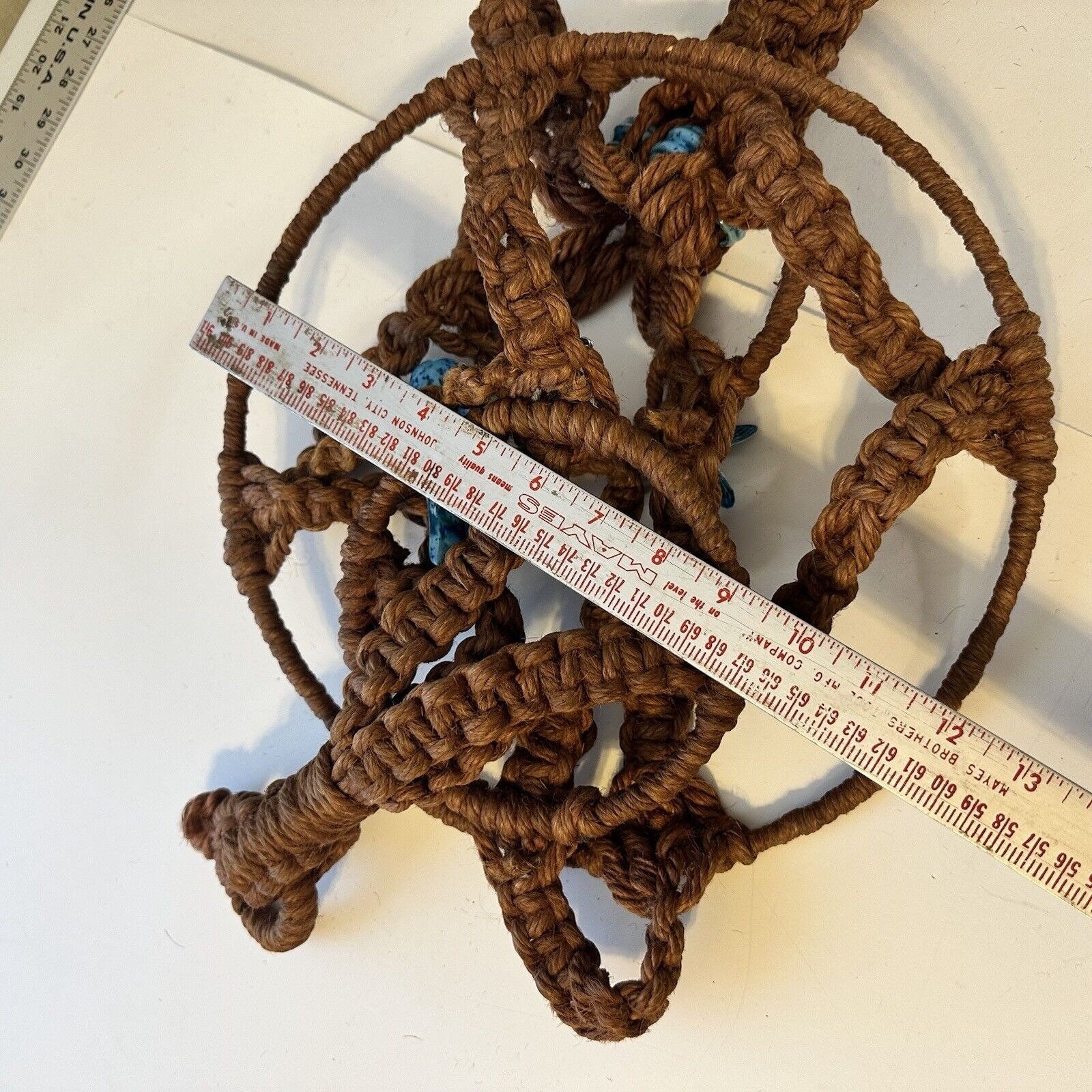 Vintage Macrame Brown Hanging Plant Holder Blue Speckled Ceramic Bird ...