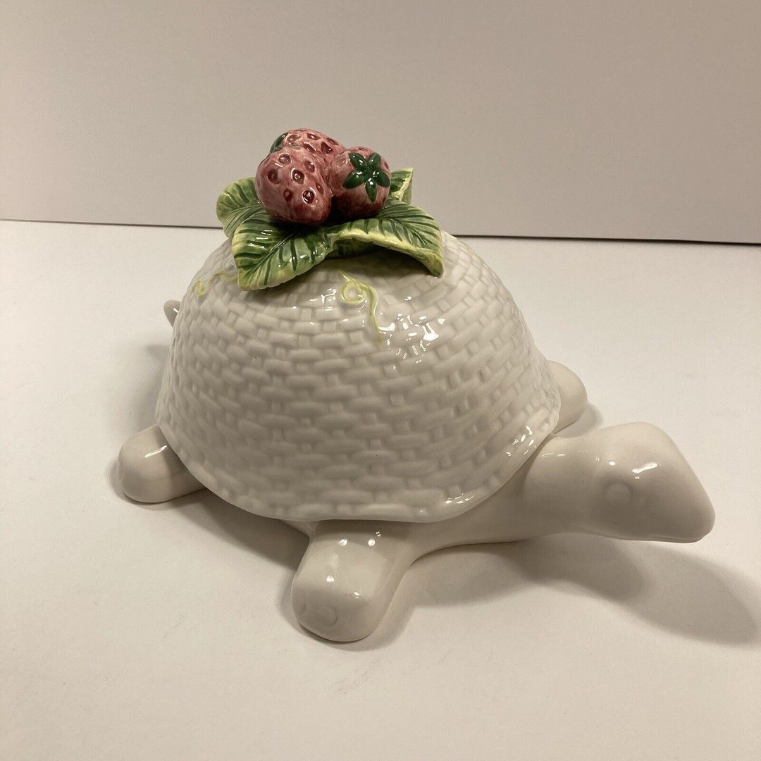 Vintage Ceramic Turtle Trinket Box Candy Dish 9 Inch White Strawberries ...