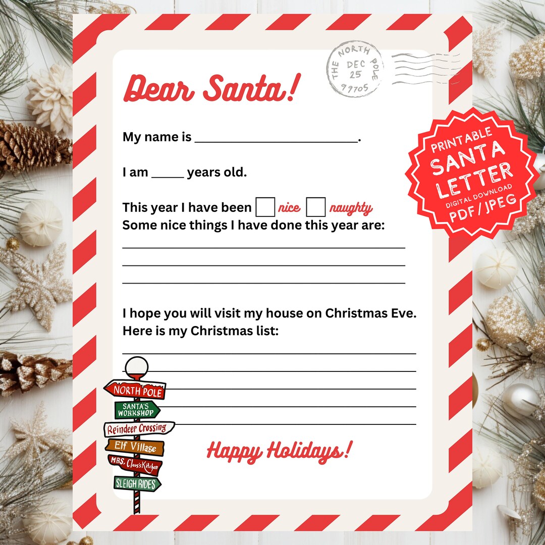 Letter to Santa Printable, Kids Letter to Santa, Kids Christmas Wish ...