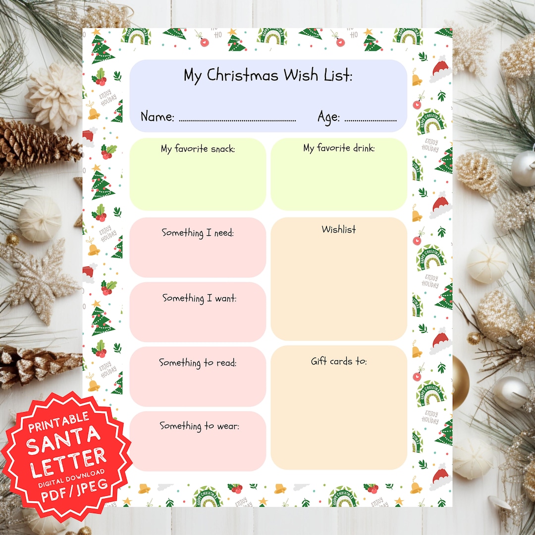 Carta a Santa Imprimible, Carta para Niños a Santa, Lista de Deseos de ...