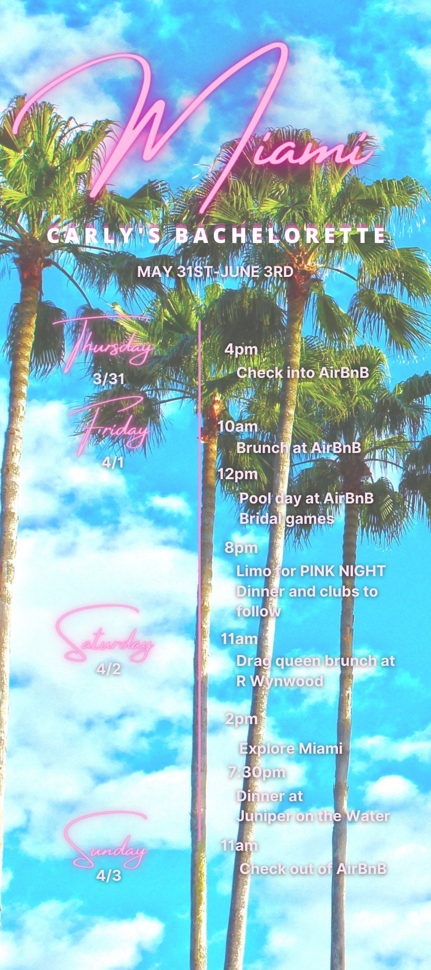 Miami Bachelorette Party Itinerary Flyer - Etsy