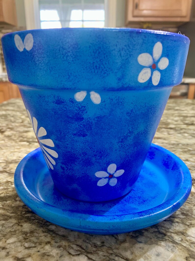 White Flower Blue Pot - Etsy