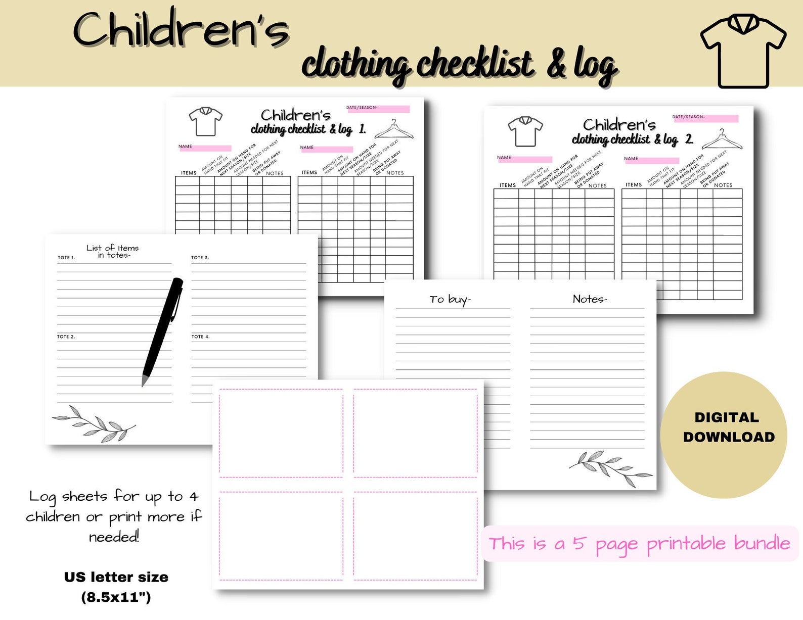 Clothing Log Sheet Organizing System Printable, Children's Clothing Log ...