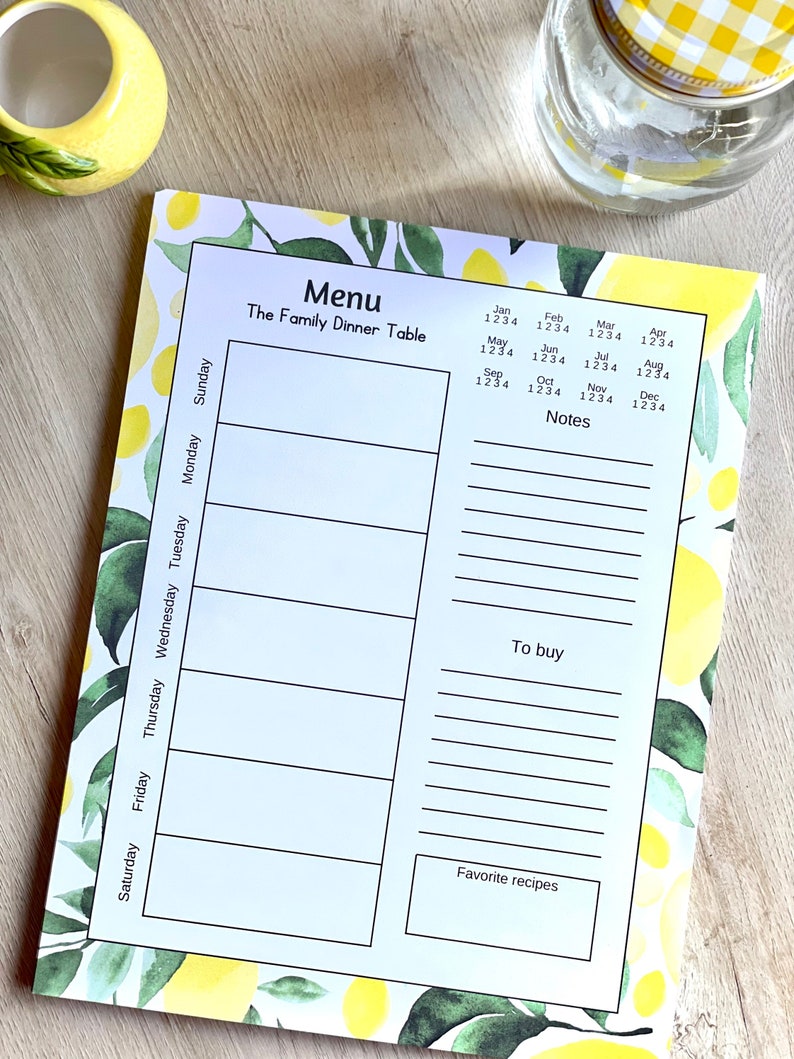 Menu Planner, Weekly Shopping List, Lemon Menu Notepad, Daily Planner ...