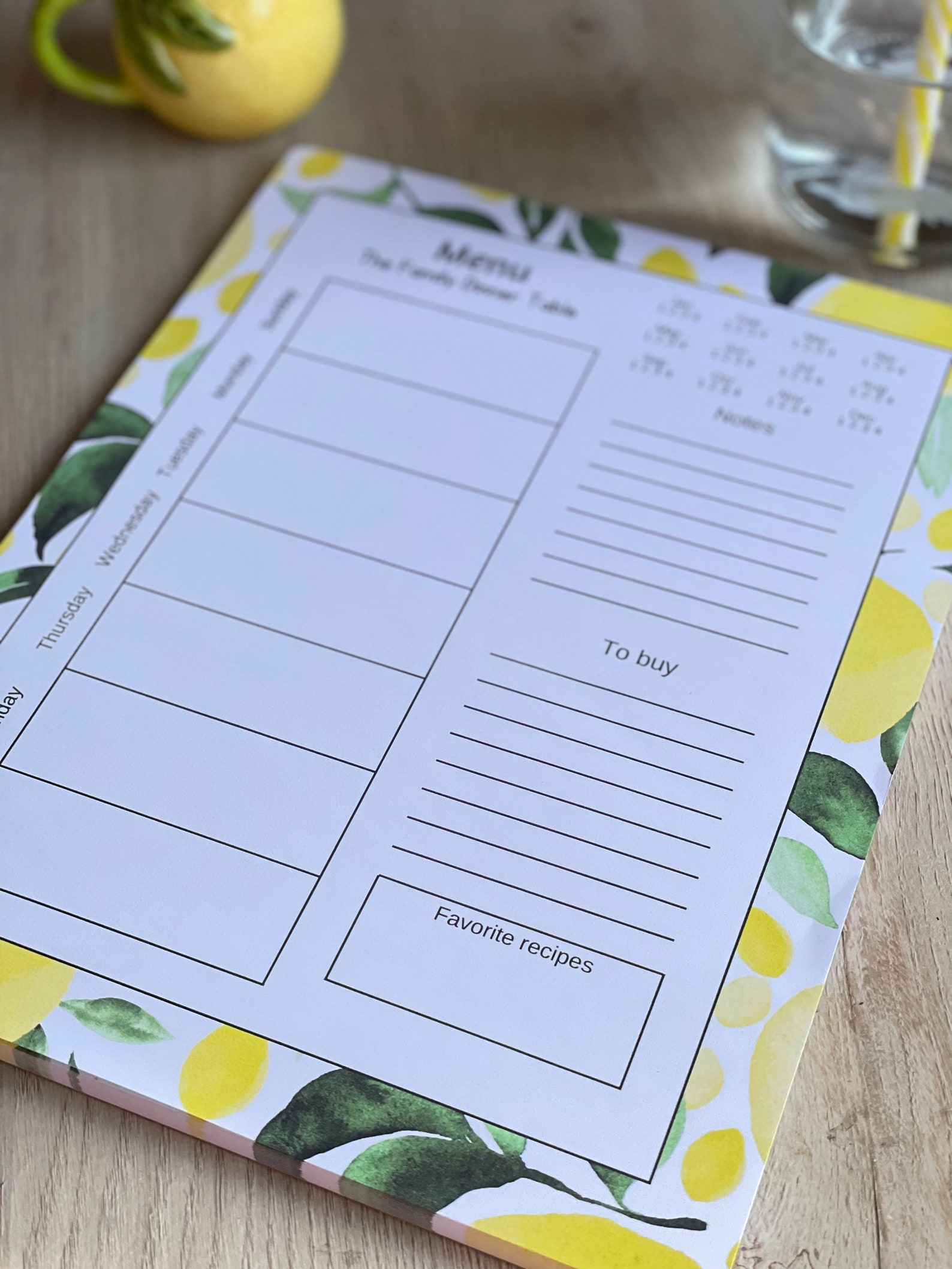 Menu Planner, Weekly Shopping List, Lemon Menu Notepad, Daily Planner ...
