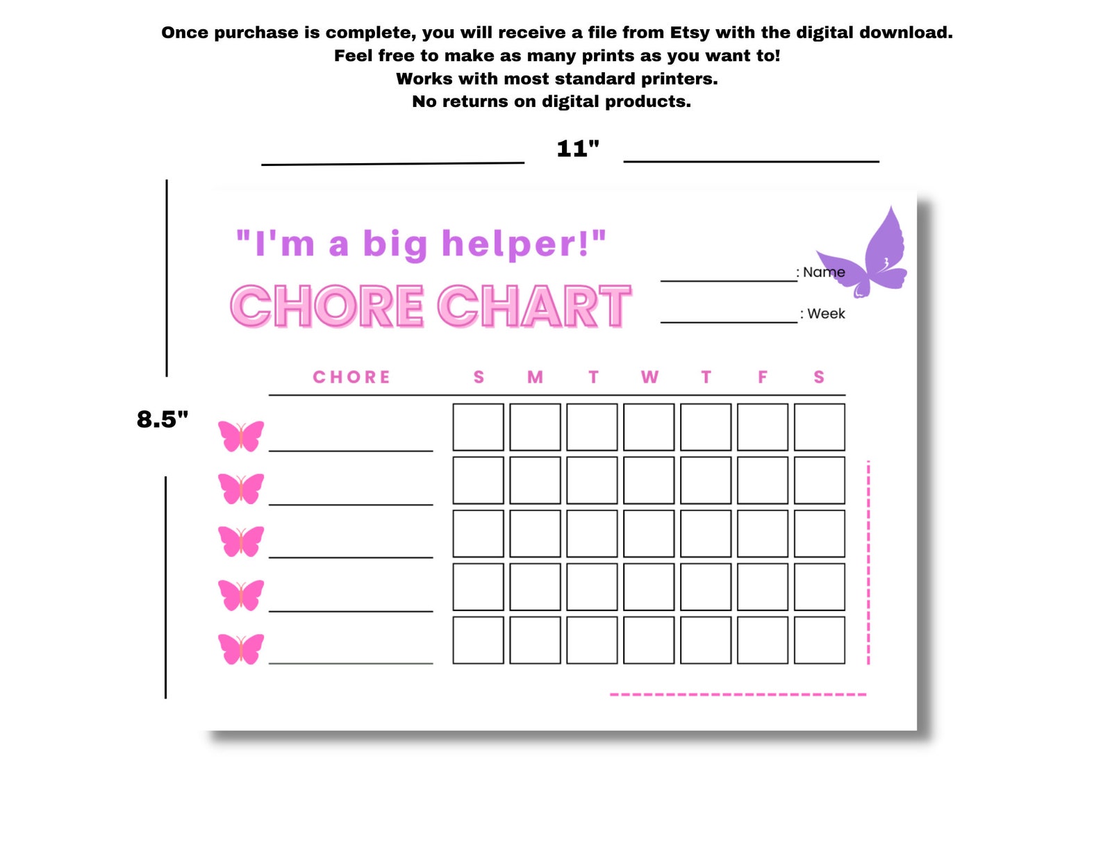 Girl's Chore Chart Printable, Daily Job Chart, Kids Daily Planner, Kids ...