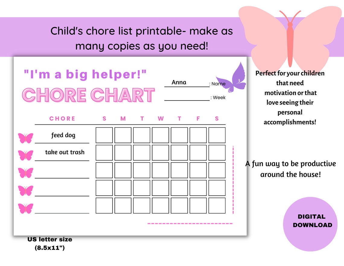 Girl's Chore Chart Printable, Daily Job Chart, Kids Daily Planner, Kids ...