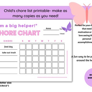 Girl's Chore Chart Printable, Daily Job Chart, Kids Daily Planner, Kids ...