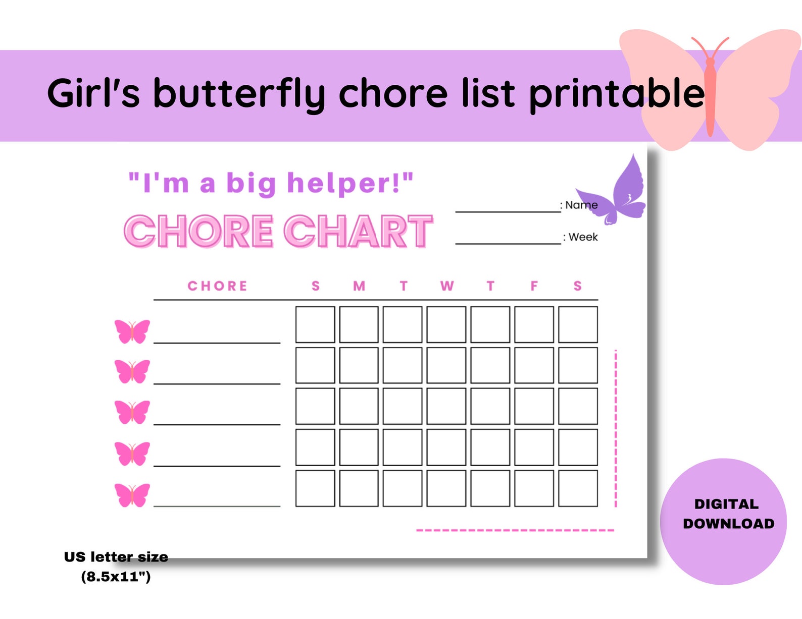 Girl's Chore Chart Printable, Daily Job Chart, Kids Daily Planner, Kids ...