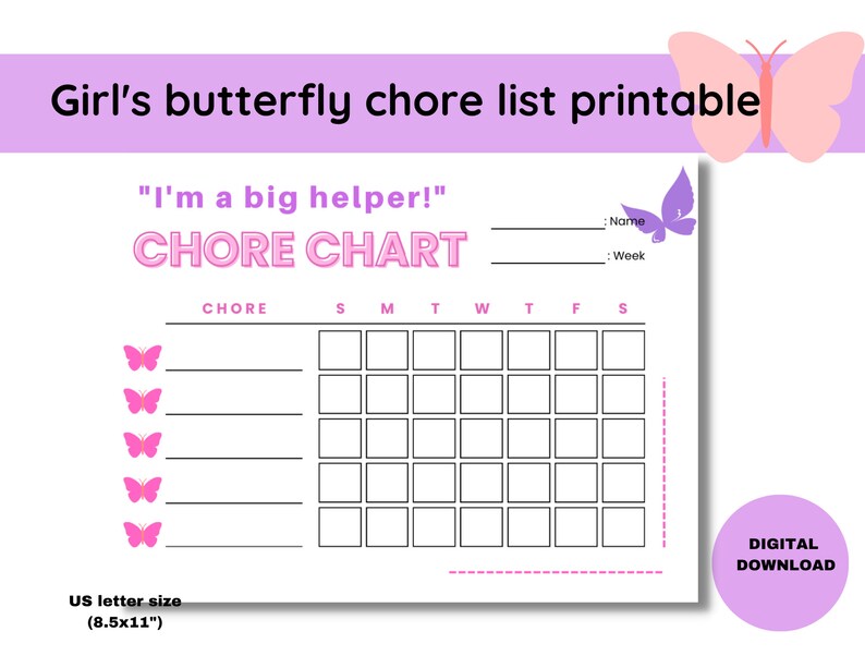 Girl's Chore Chart Printable, Daily Job Chart, Kids Daily Planner, Kids ...