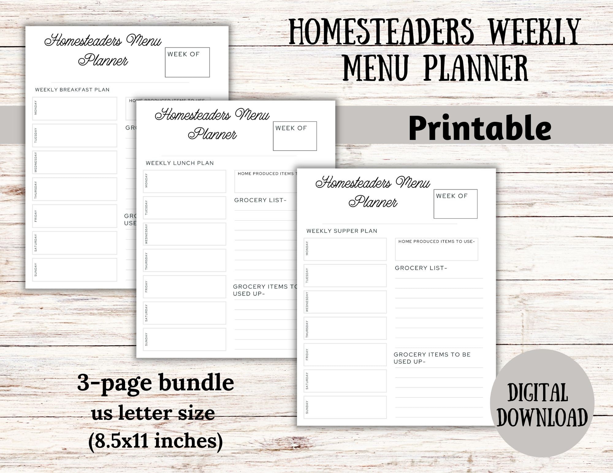 Homesteaders Weekly Menu Planner Printable, Breakfast, Lunch and Supper ...