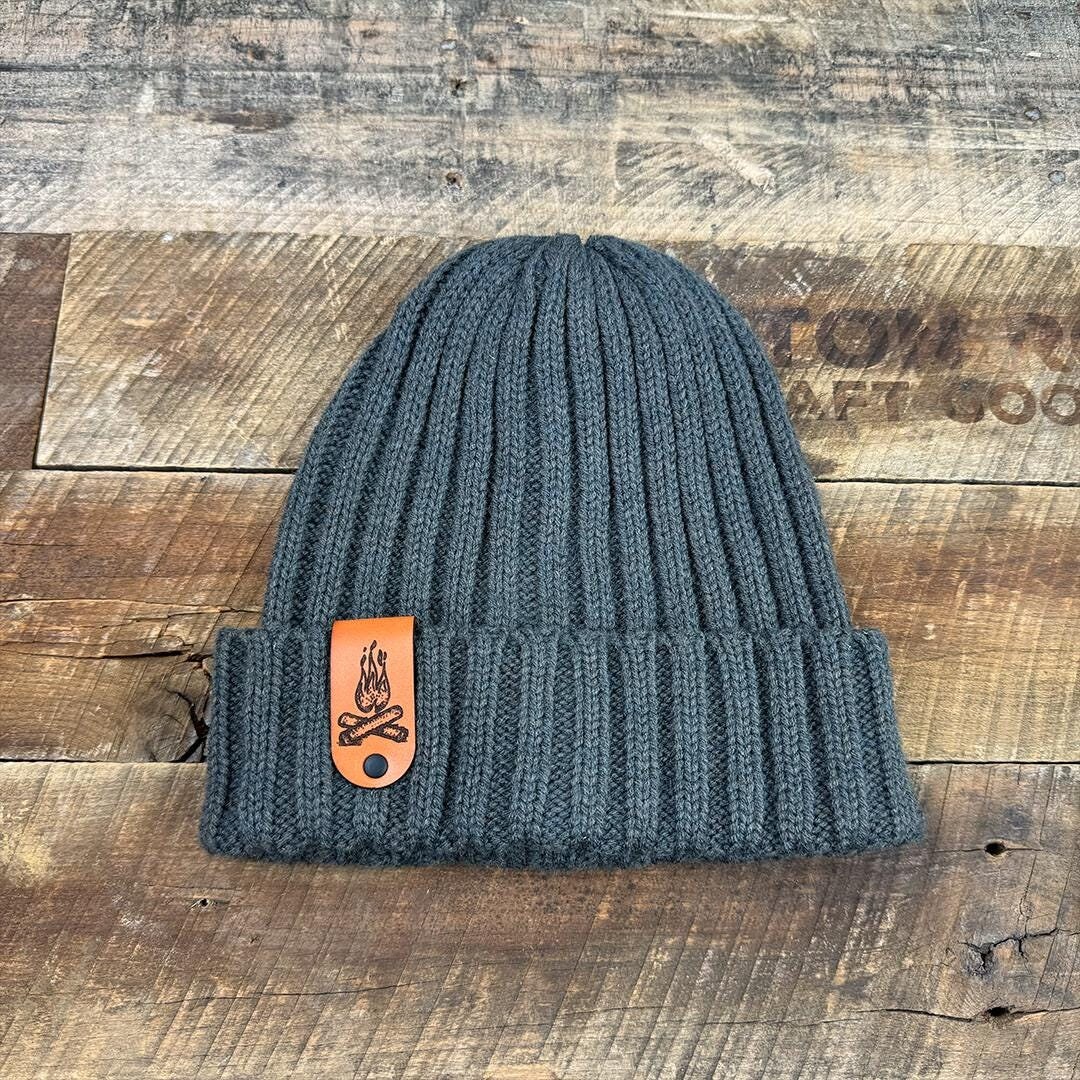 Charcoal Grey - Winter Knit Leather Patch Beanie, Winter Toboggan Cap ...
