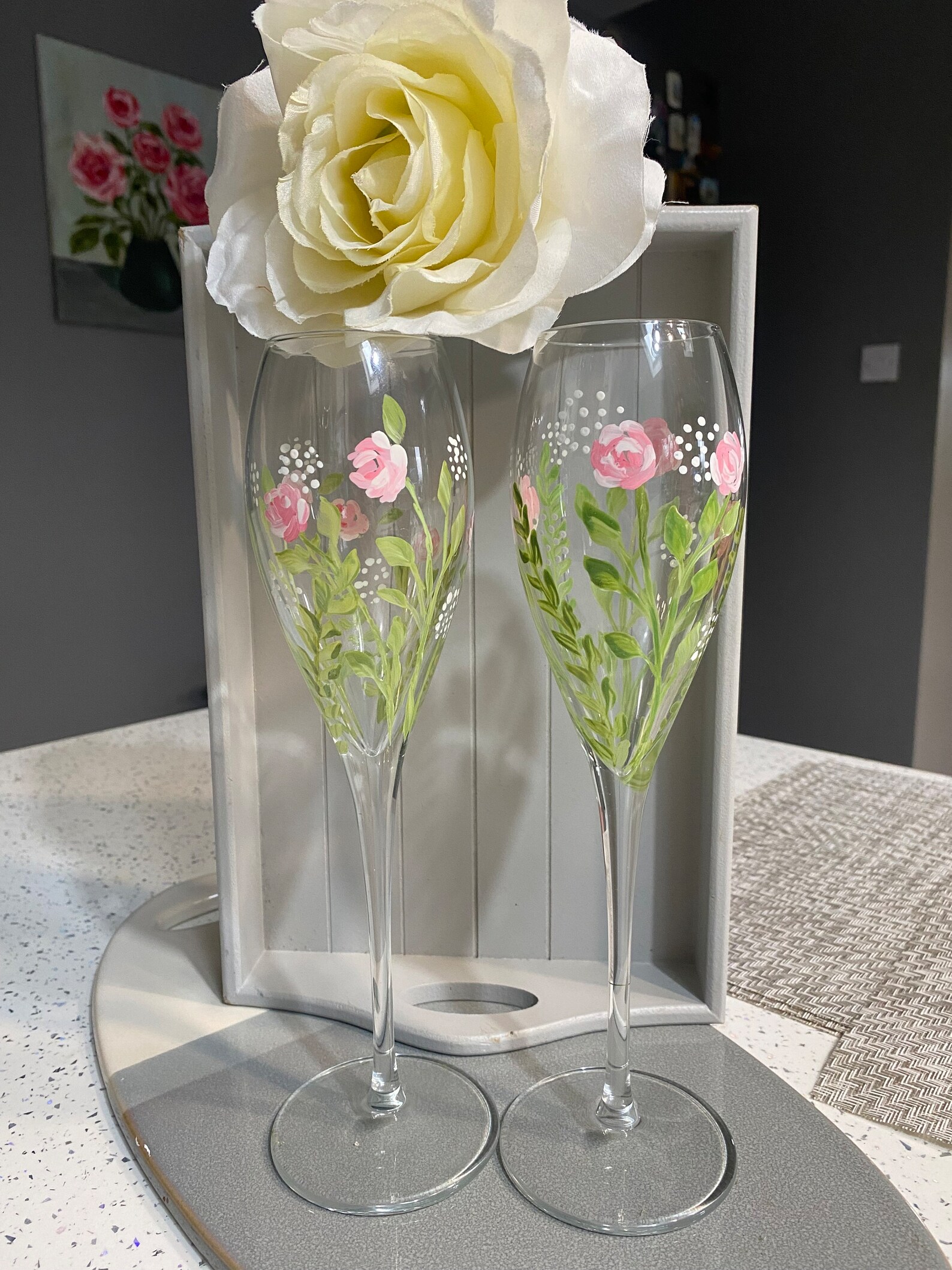 Hand Painted Champagne Flutes Glasses Wedding Roses Flowers Design ...