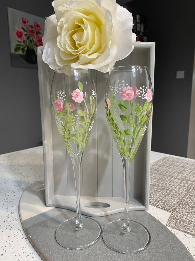 Hand Painted Champagne Flutes Glasses Wedding Roses Flowers Design ...