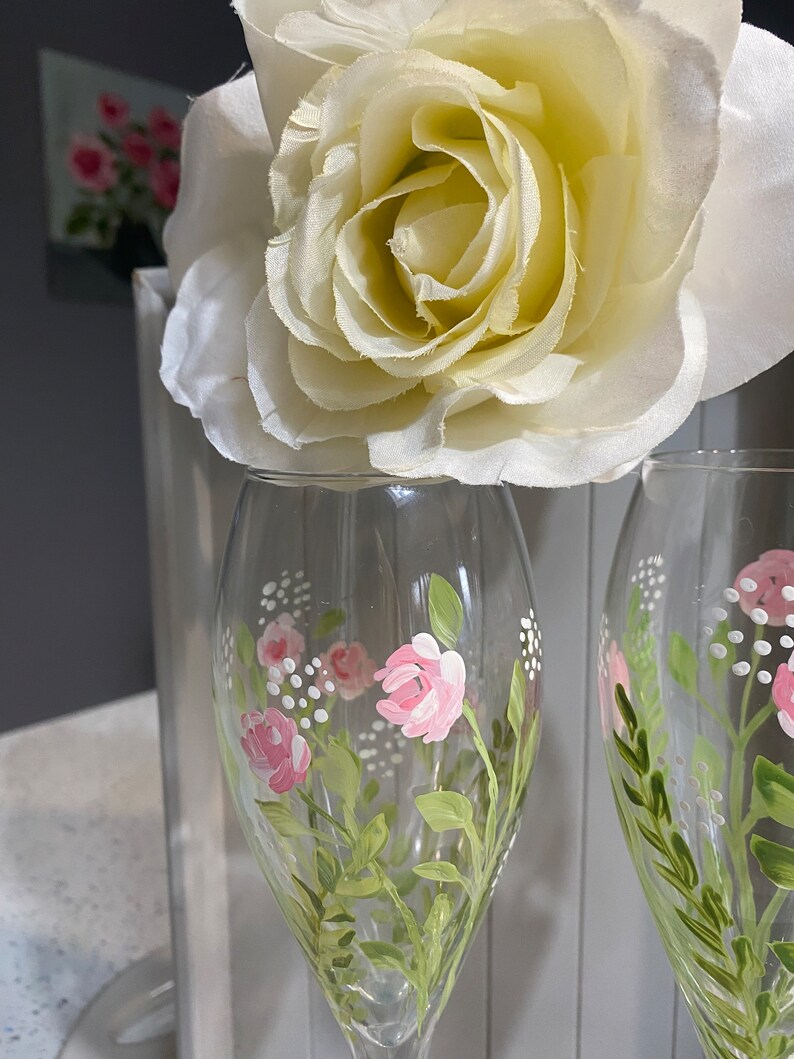 Hand Painted Champagne Flutes Glasses Wedding Roses Flowers Design ...