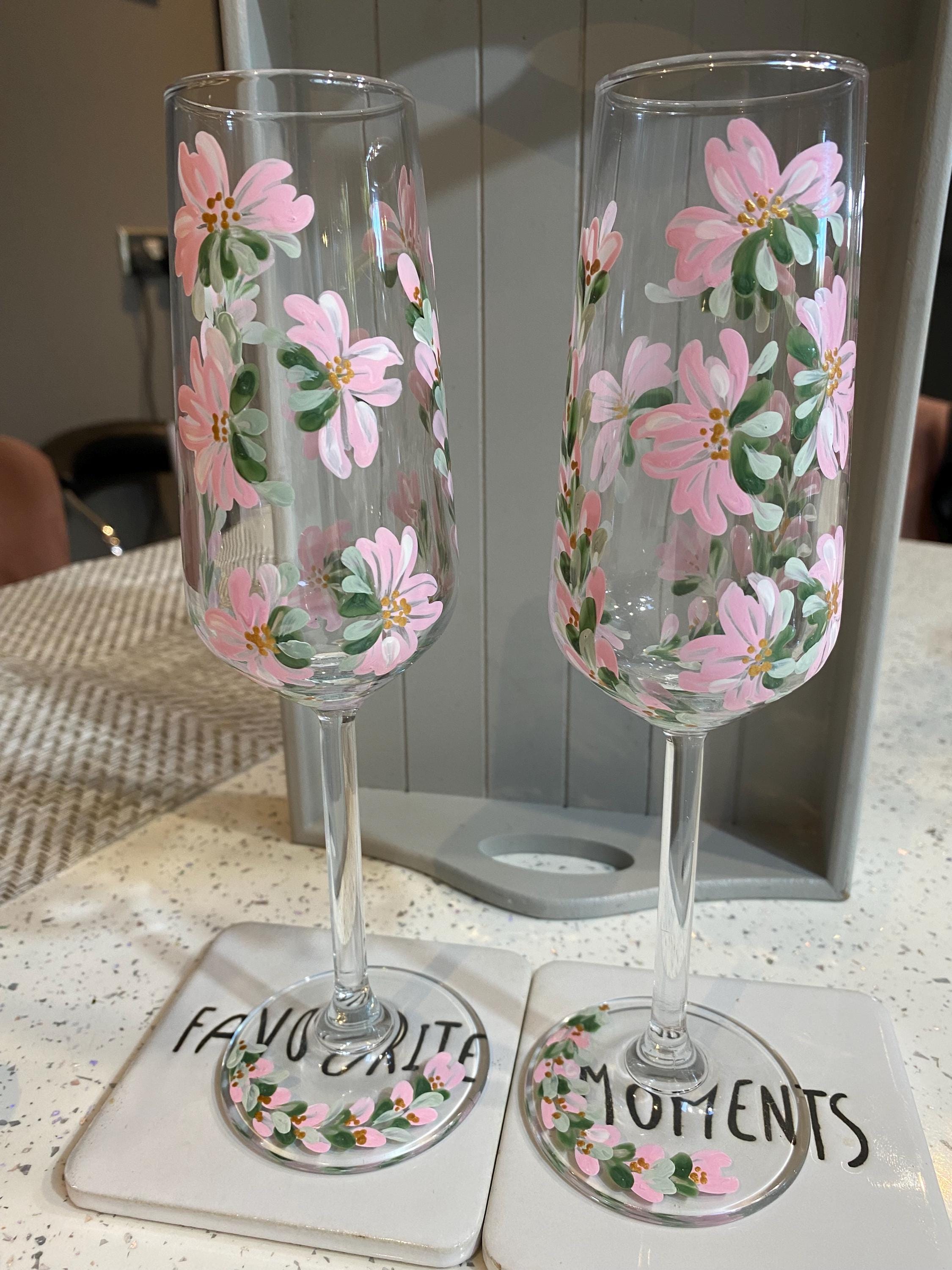 Hand Painted Champagne Flutes Glasses Modern Design White Pink Flowers ...