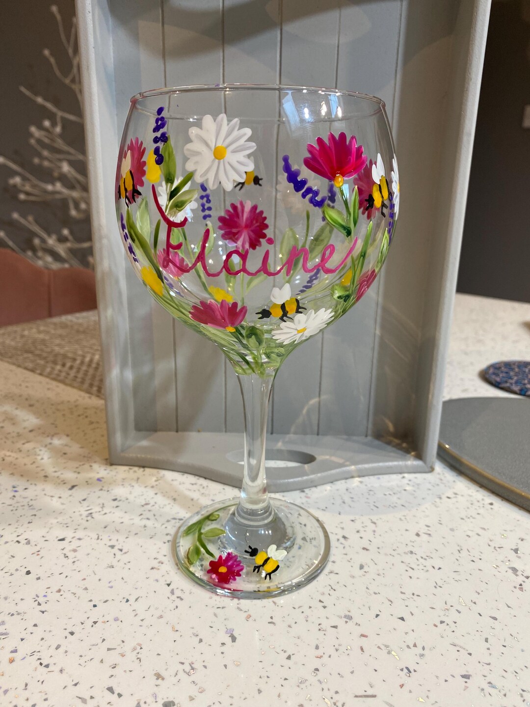 Hand Painted Gin Glass Floral Modern Design Birthday Gift Anniversary ...