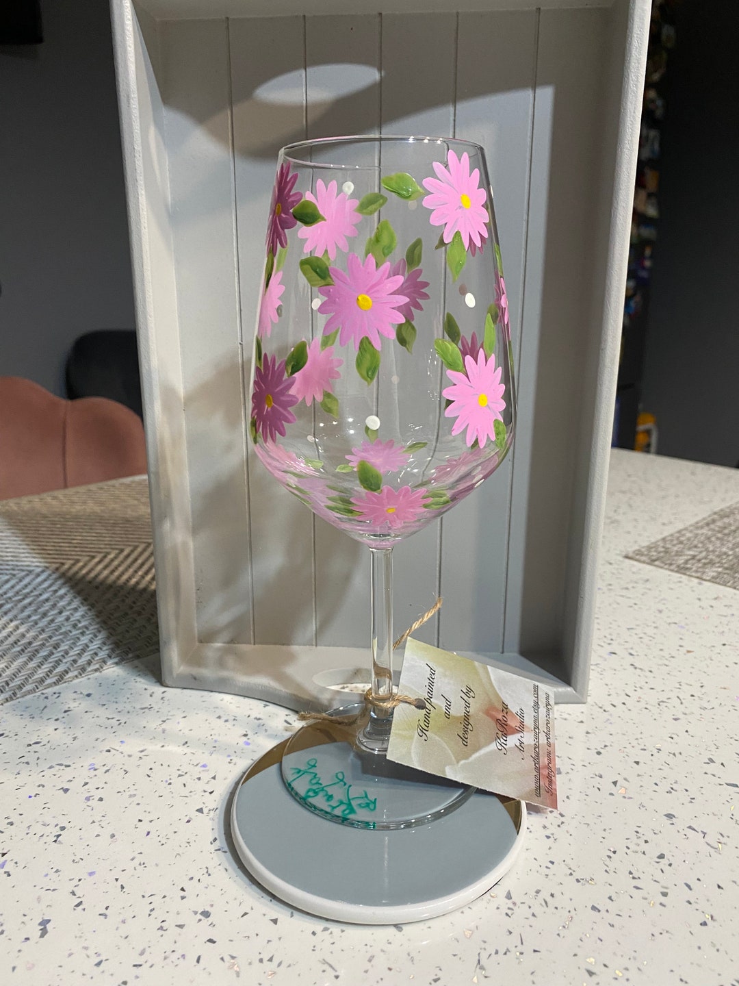Contemporary Hand Painted DAISY WINE Glass White or Pink Floral Special ...