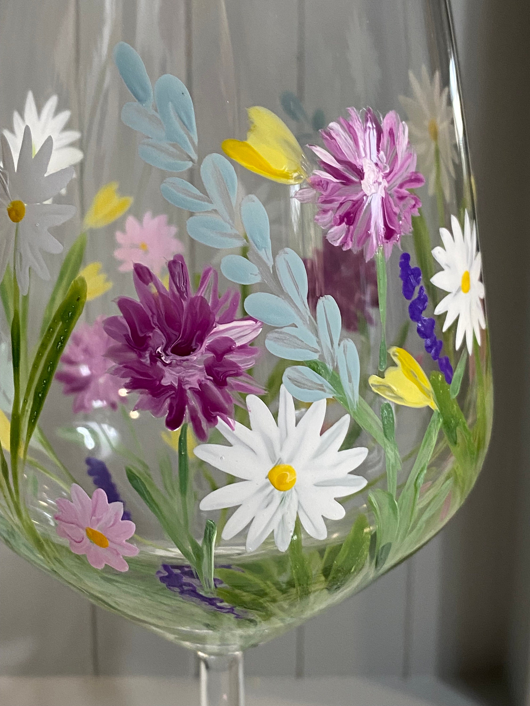 Hand Painted Wine Glass Wild Flowers & Daisies Design Special Gift ...