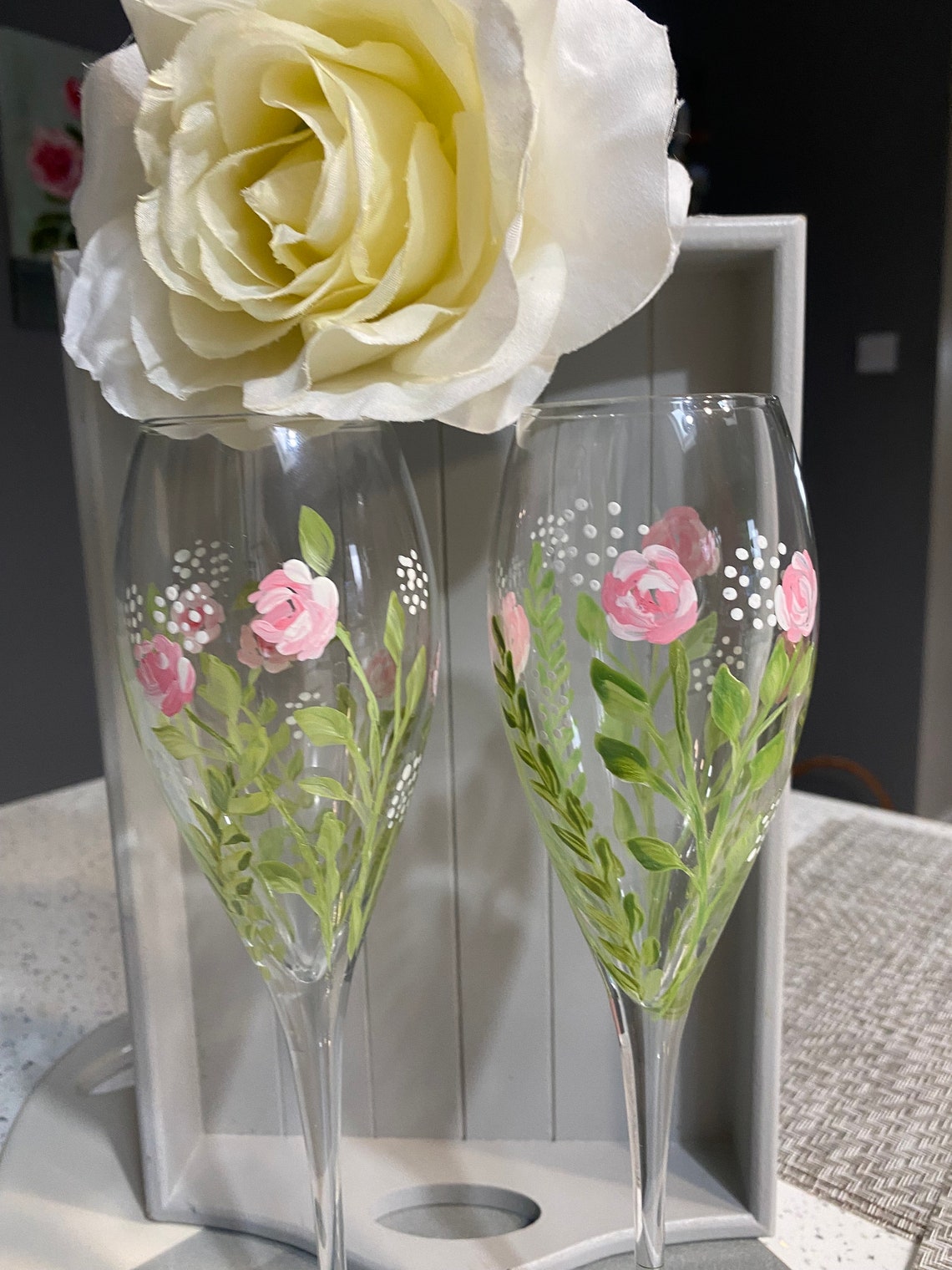 Hand Painted Champagne Flutes Glasses Wedding Roses Flowers Design ...