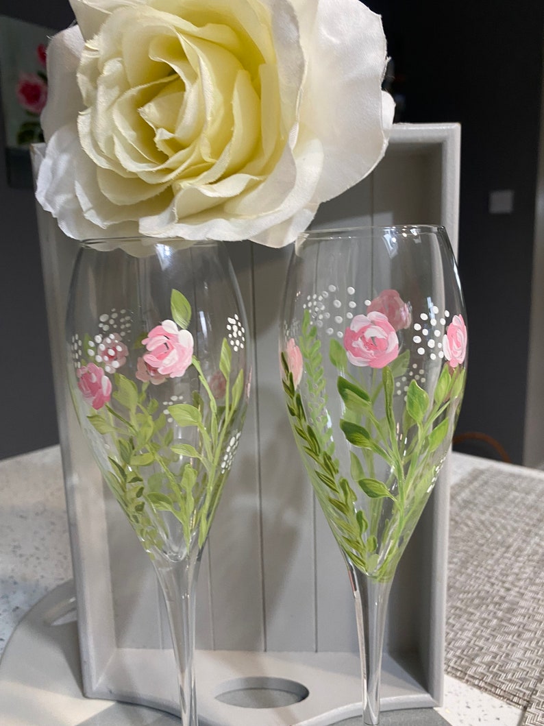 Hand Painted Champagne Flutes Glasses Wedding Roses Flowers Design ...