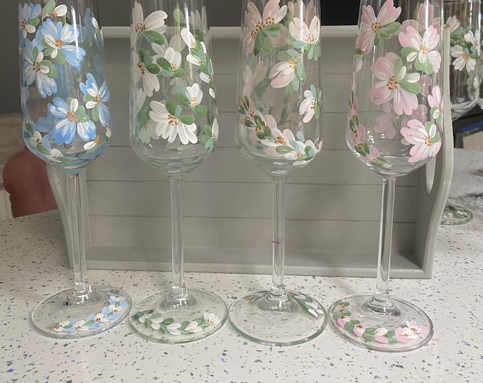 Hand Painted Champagne Flutes Glasses Modern Floral Design Special Gift ...