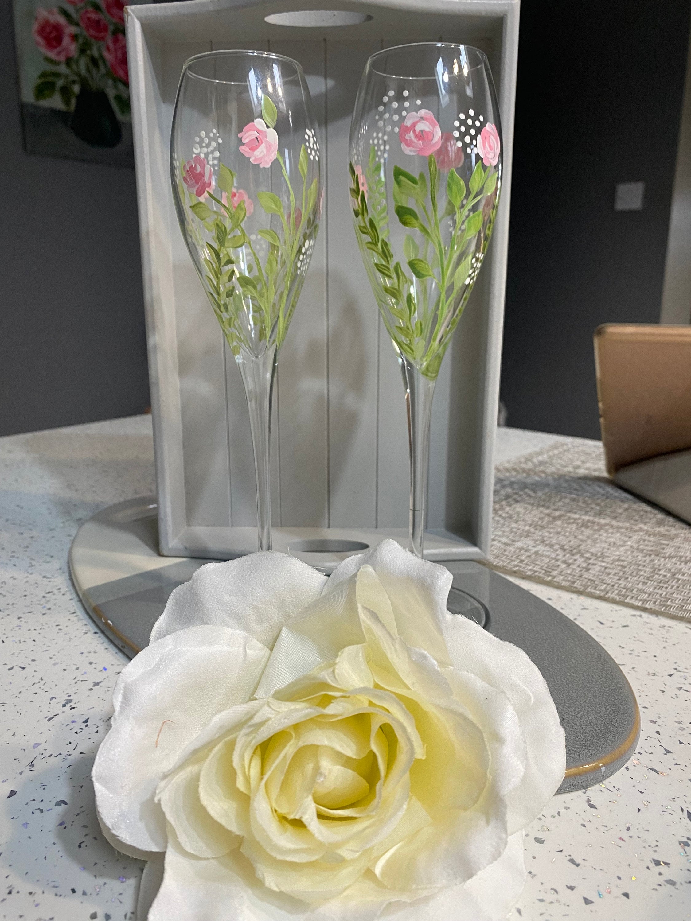 Hand Painted Champagne Flutes Glasses Wedding Roses Flowers Design ...