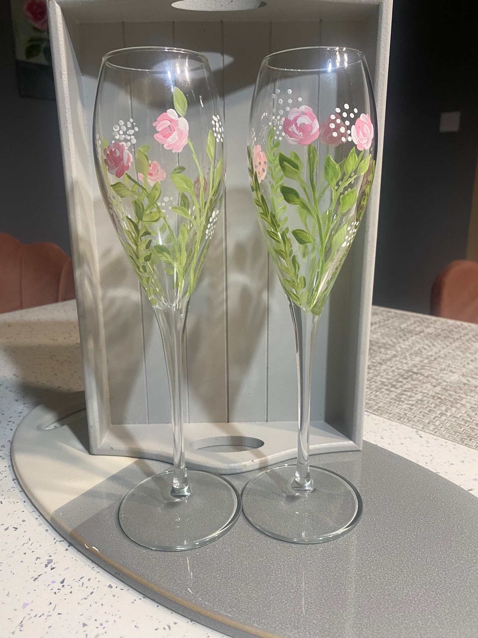 Hand Painted Champagne Flutes Glasses Wedding Roses Flowers Design ...