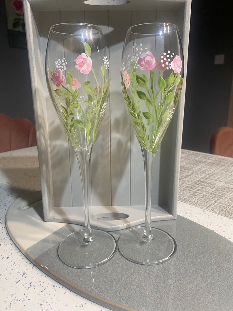 Hand Painted Champagne Flutes Glasses Wedding Roses Flowers Design ...