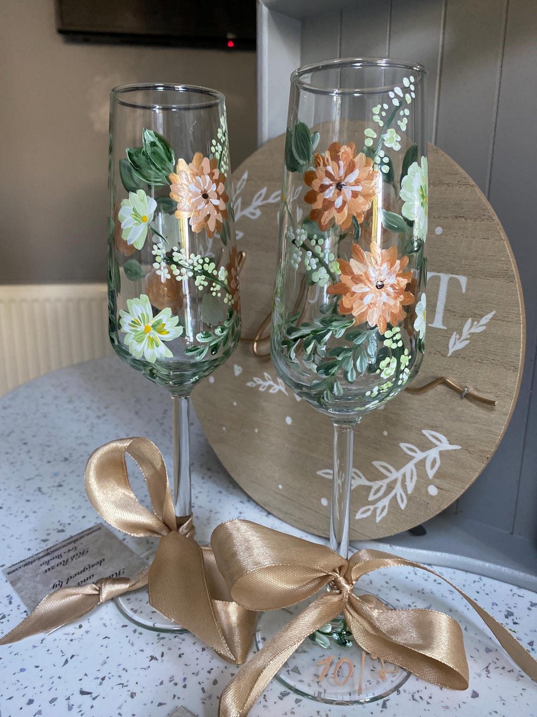 NEW Design in BEIGE Hand Painted Champagne Flutes Glasses Floral ...