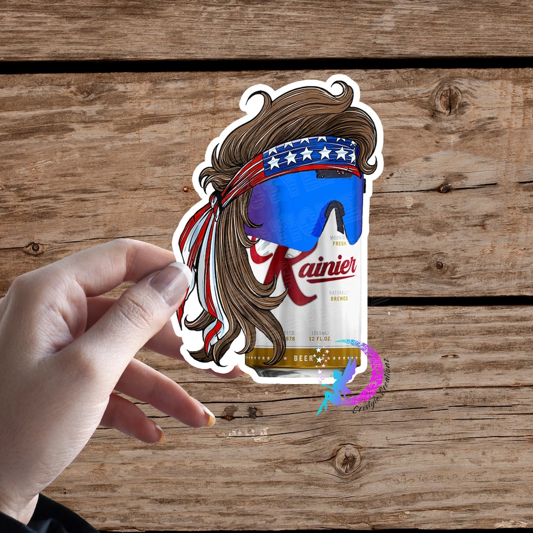 Beer Can Mullet Sticker- Fan Art - Rainier Patriotic Beer - Etsy
