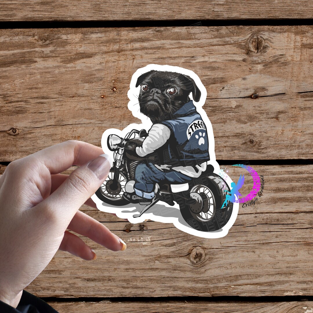Biker Pug on Motorcycle Sticker High Quality Water Resistant Vinyl ...