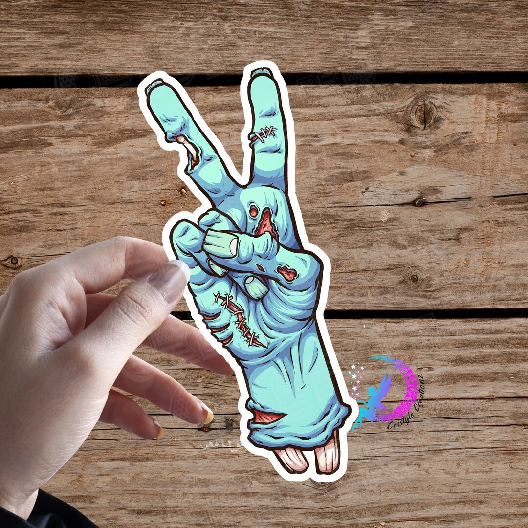 Zombie Hand Throwing Peace Sign - Sticker- High Quality With Water ...
