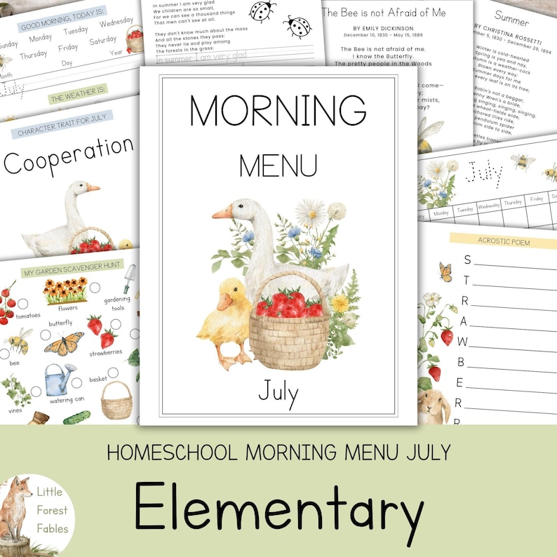July Morning Menu Elementary, Homeschool Monthly Morning Menu, Summer ...