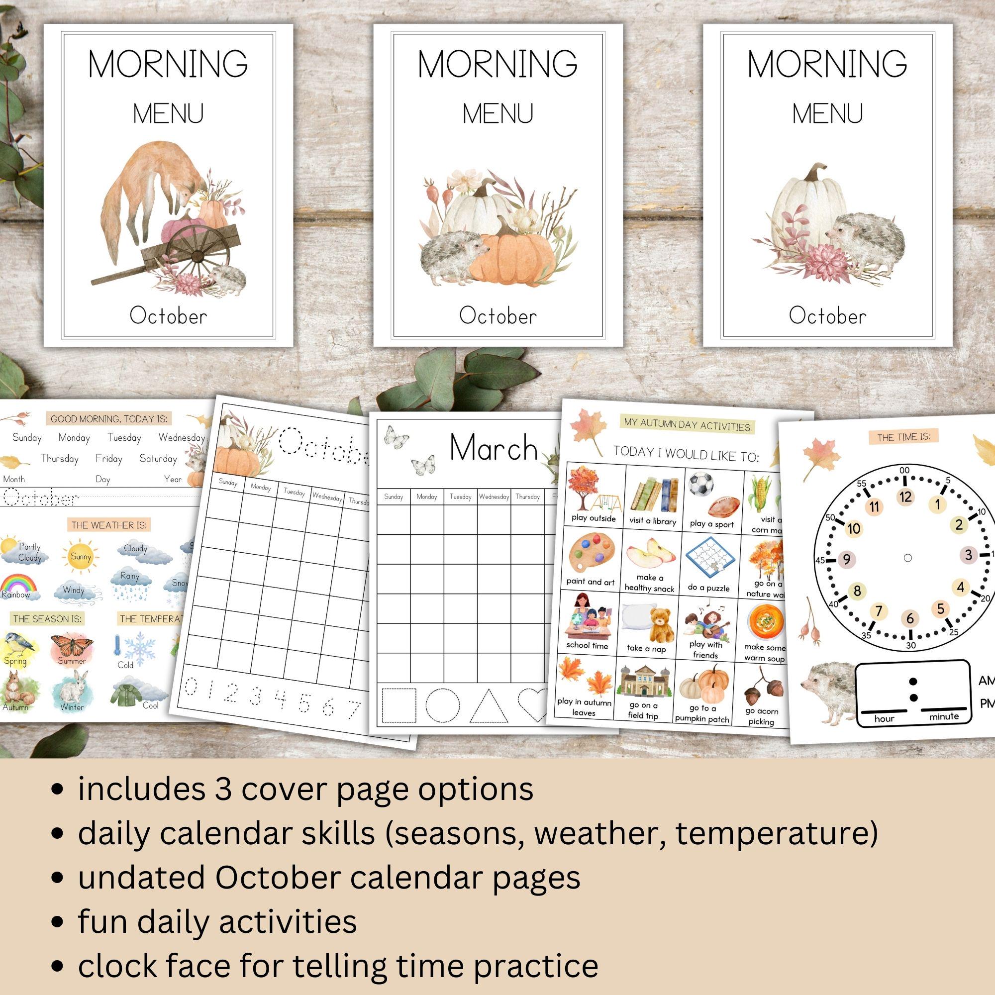 October Preschool Morning Menu, Autumn and Fall Theme Morning Workbook ...