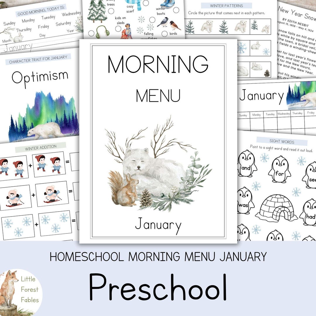 January Preschool Morning Menu, Homeschool Winter Workbook ...