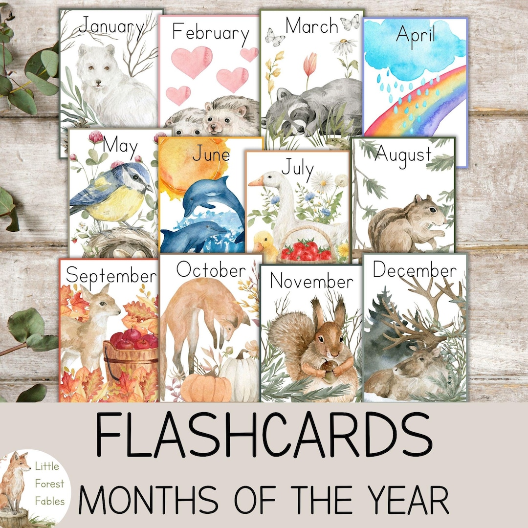 Months of the Year Flashcards, Watercolor Nature Theme, Homeschool ...