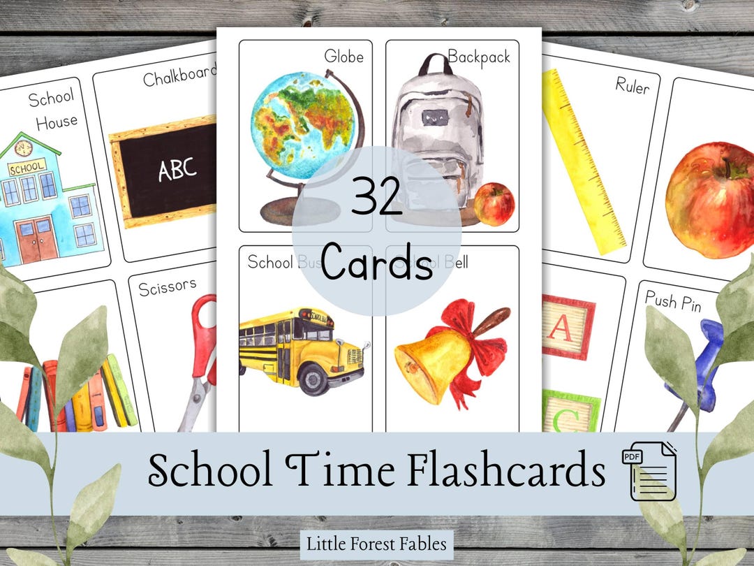 School Time Printable Flashcards for Kids, Back to School Learning ...