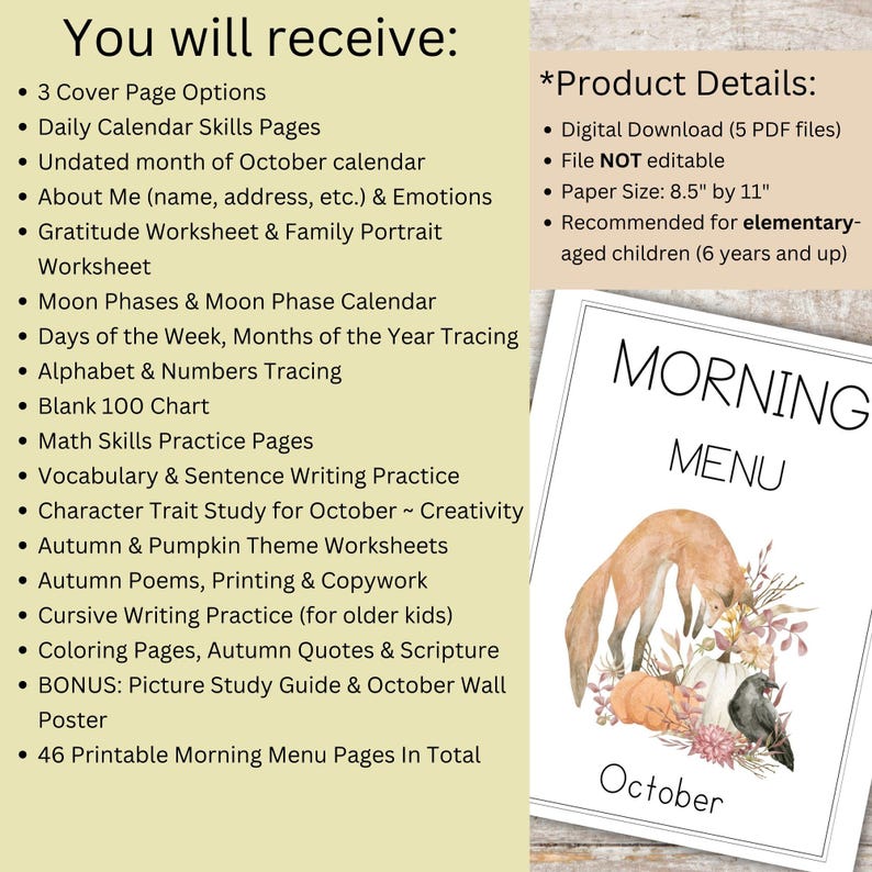 October Homeschool Morning Menu, Elementary Morning Menu Workbook ...