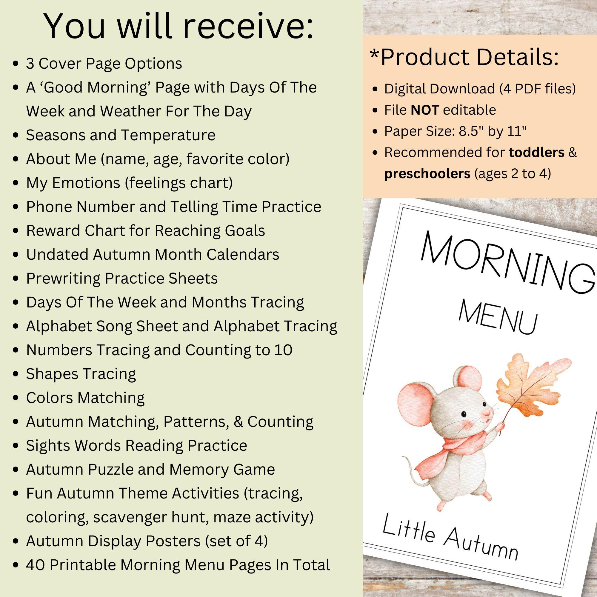 Autumn Homeschool Morning Menu, Toddler Pre-k Printable Activities ...