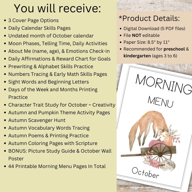 October Preschool Morning Menu, Autumn and Fall Theme Morning Workbook ...