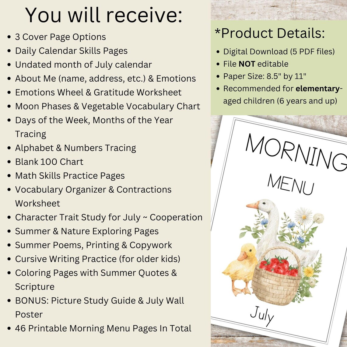 July Morning Menu Elementary, Homeschool Monthly Morning Menu, Summer ...