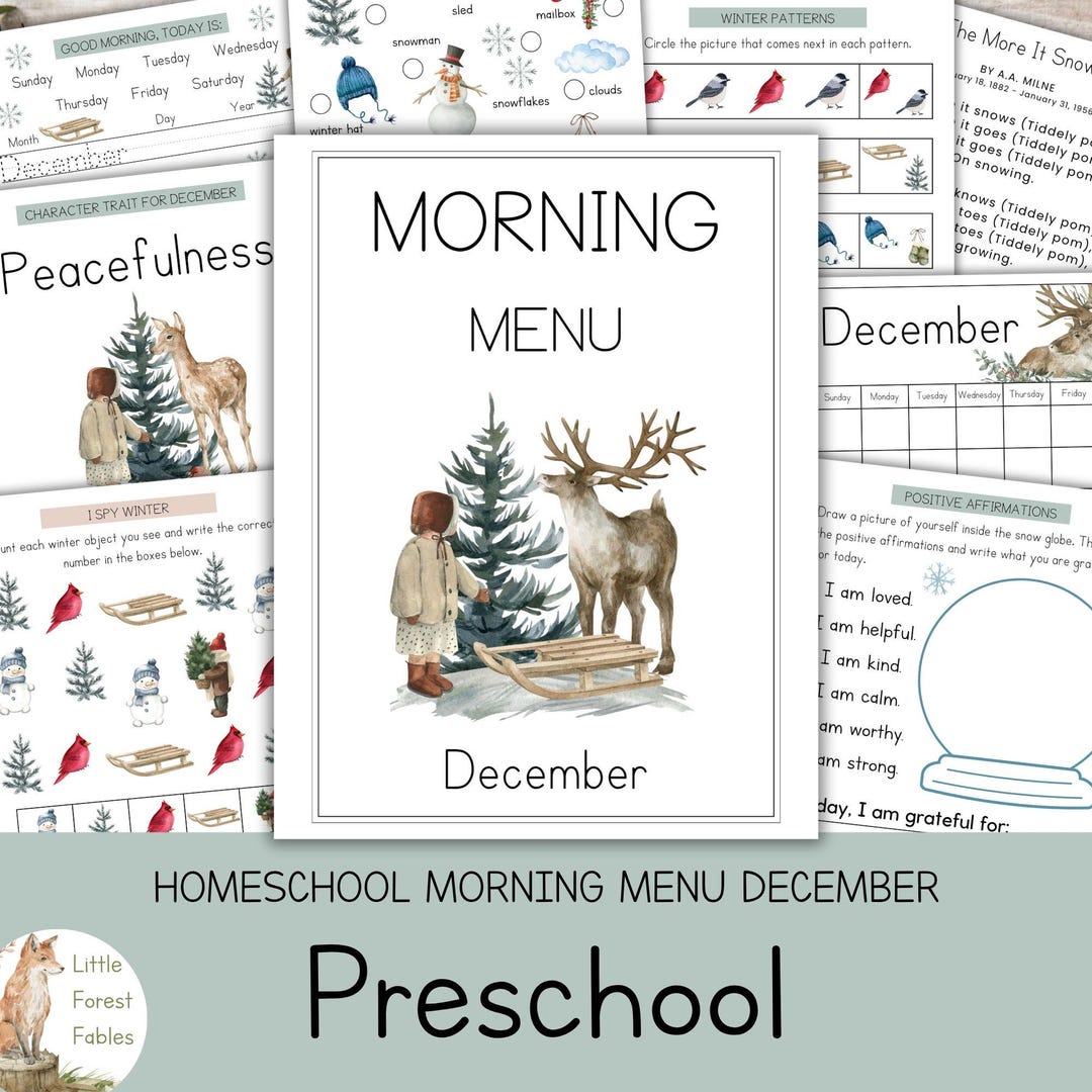 December Preschool Morning Menu, Homeschool Kindergarten Winter ...