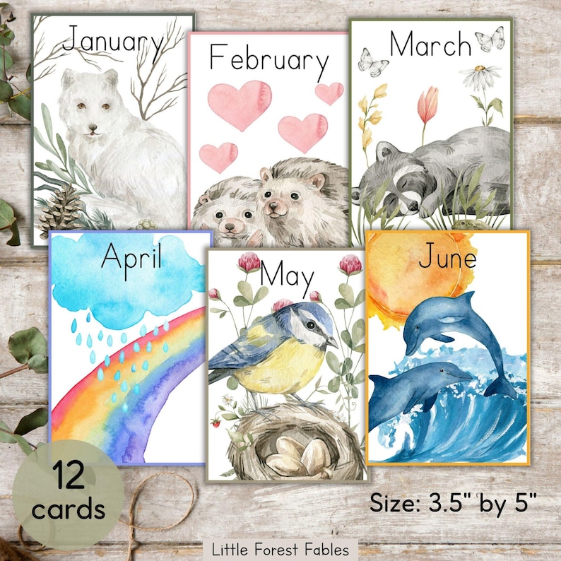 Months of the Year Flashcards, Watercolor Nature Theme, Homeschool ...