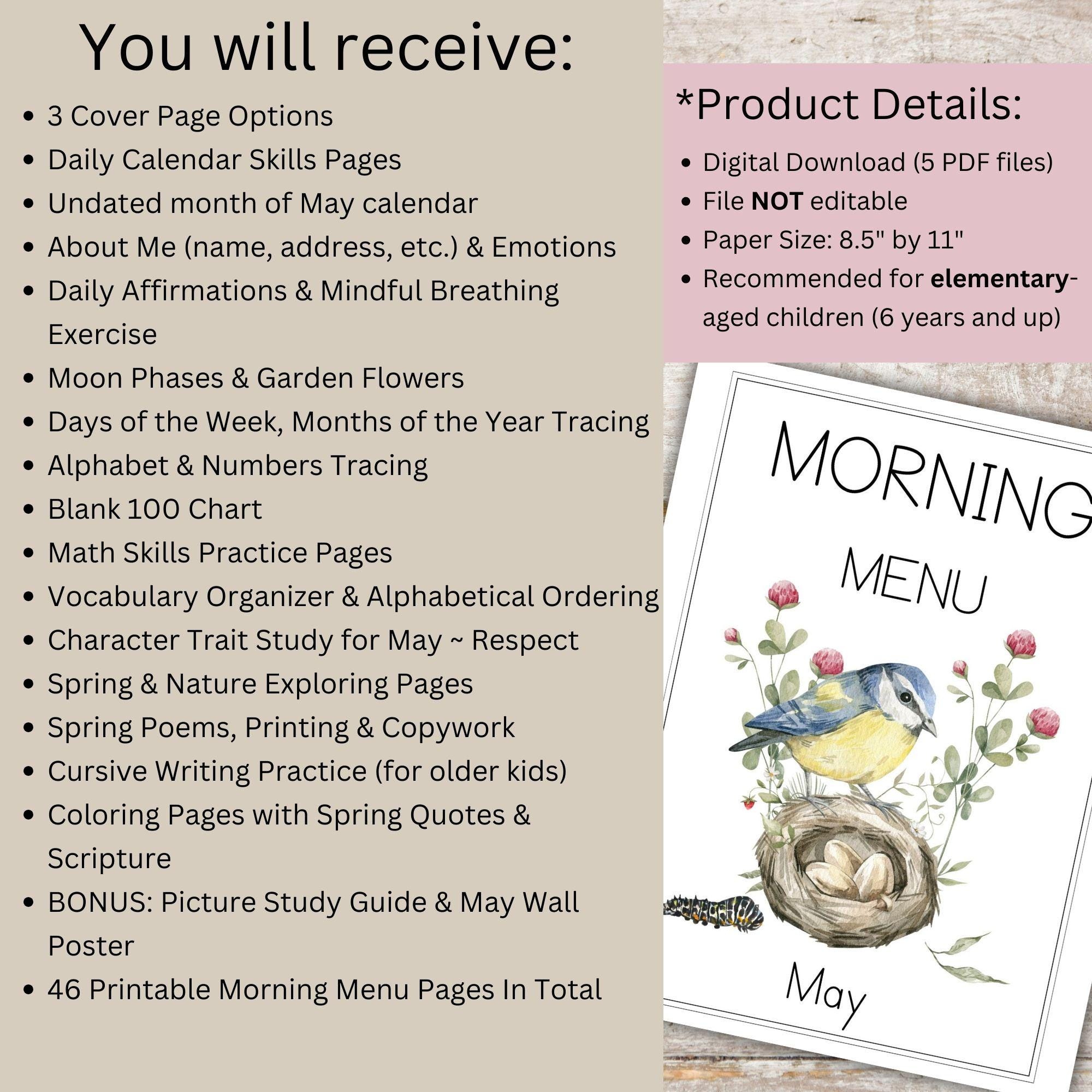 May Morning Menu Homeschool, Elementary Morning Menu Worksheets, Spring ...