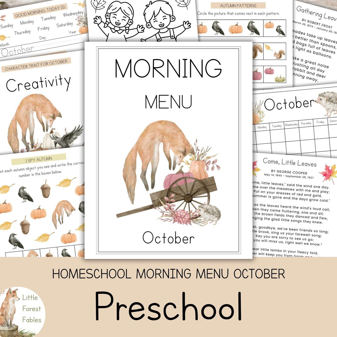 October Preschool Morning Menu, Autumn and Fall Theme Morning Workbook ...