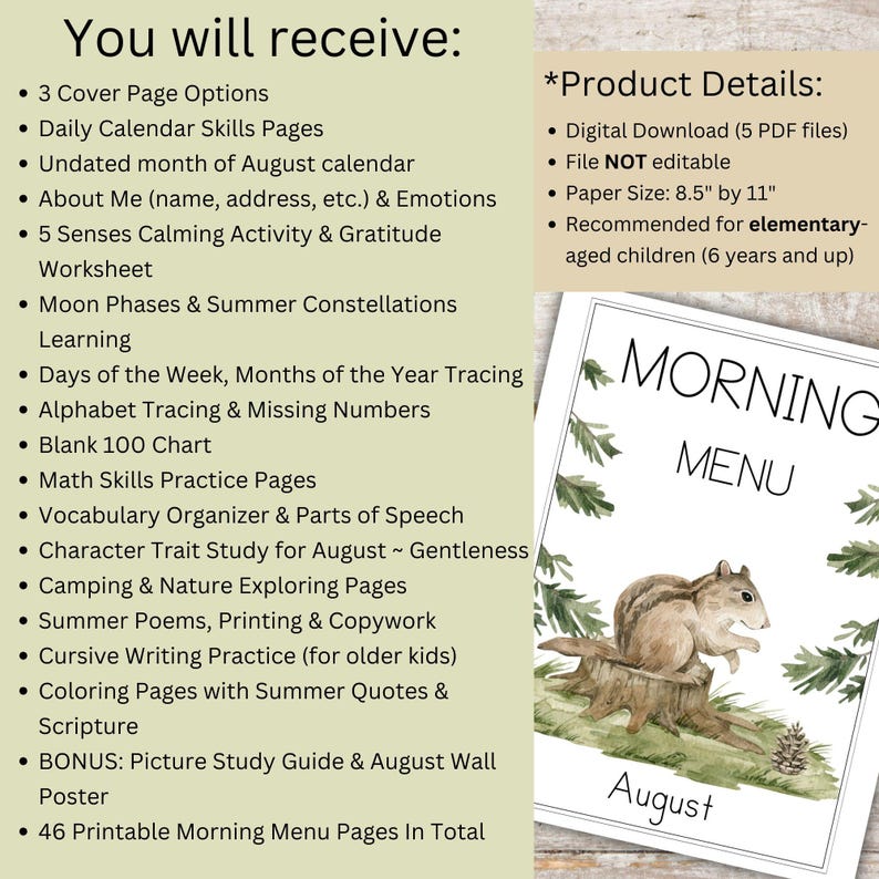 August Morning Menu Homeschool, Elementary Morning Menu Worksheets ...