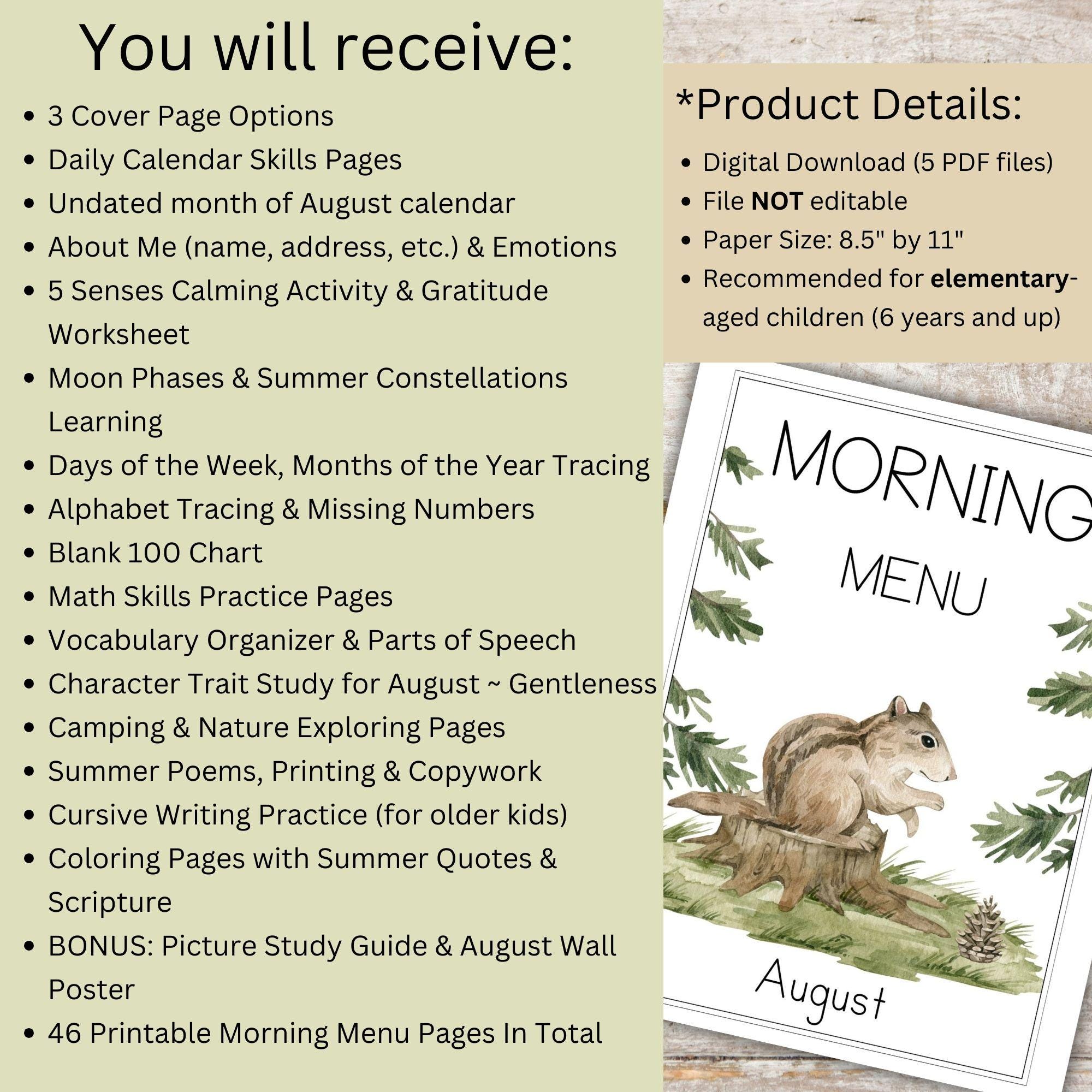 August Morning Menu Homeschool, Elementary Morning Menu Worksheets ...